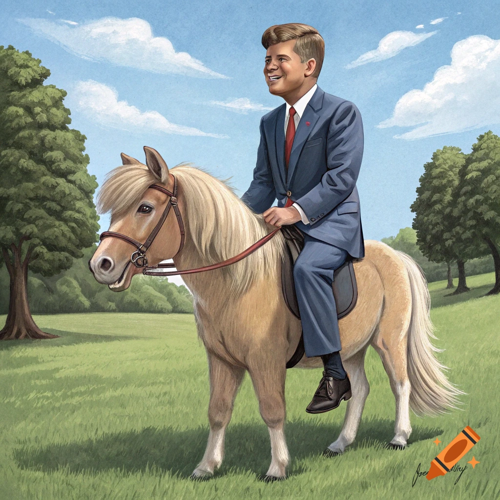 A muscular man rides a horse through a grassy field in a stylized ...