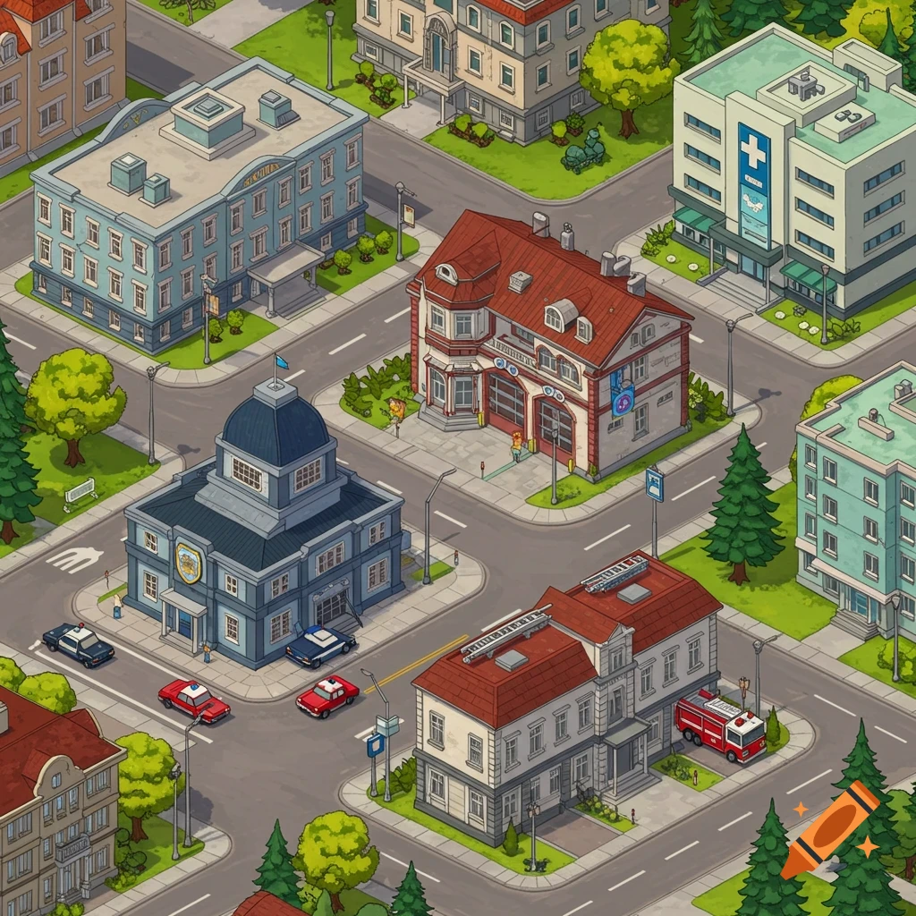 An isometric view of a cartoon city block with a police station ...
