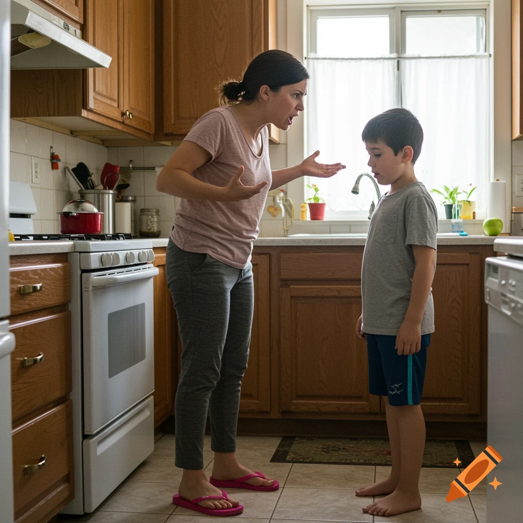 A mother yells at her son in a kitchen. She wears pink flip-flops. on Craiyon