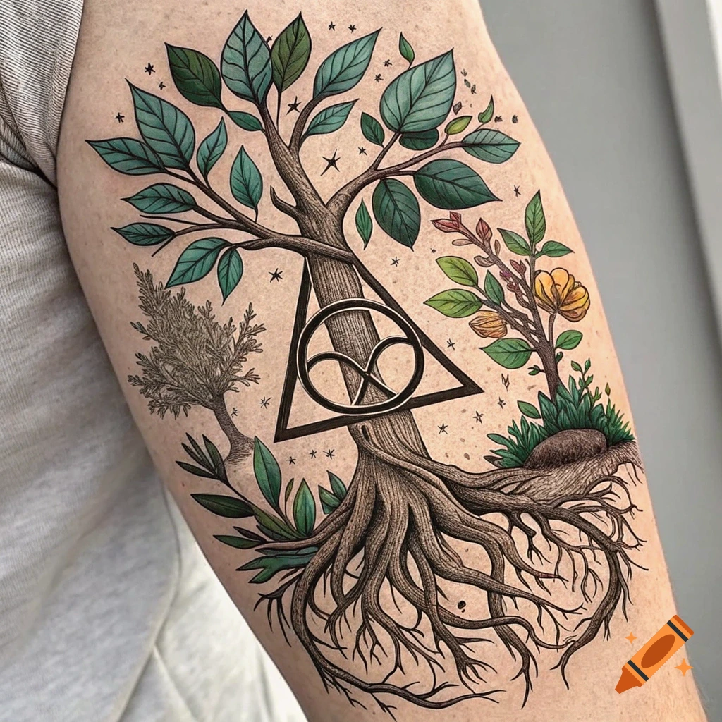 Illustrative tattoo design of a tree with roots and leaves ...