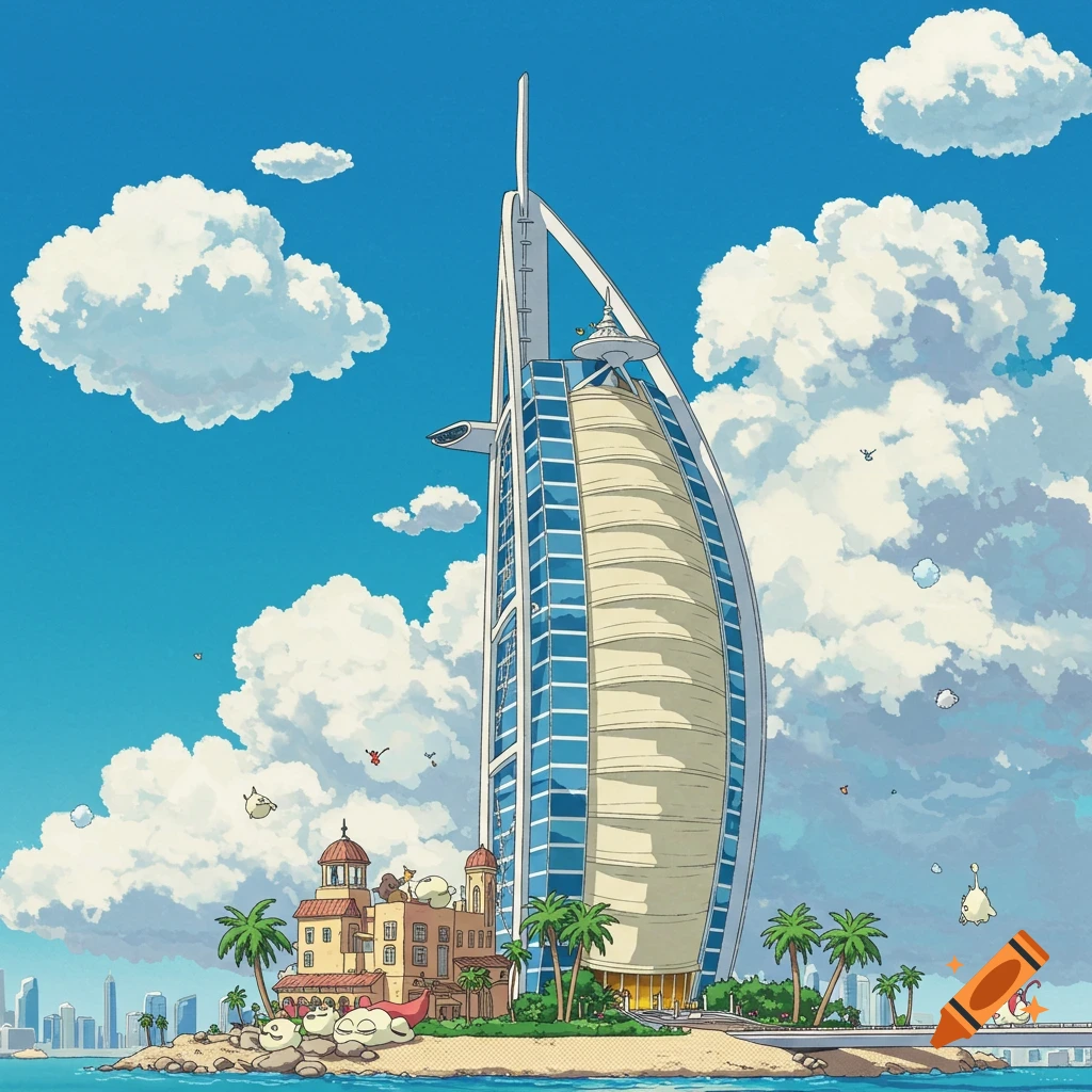 Burj Al Arab in Dubai, Studio Ghibli style illustration on Craiyon