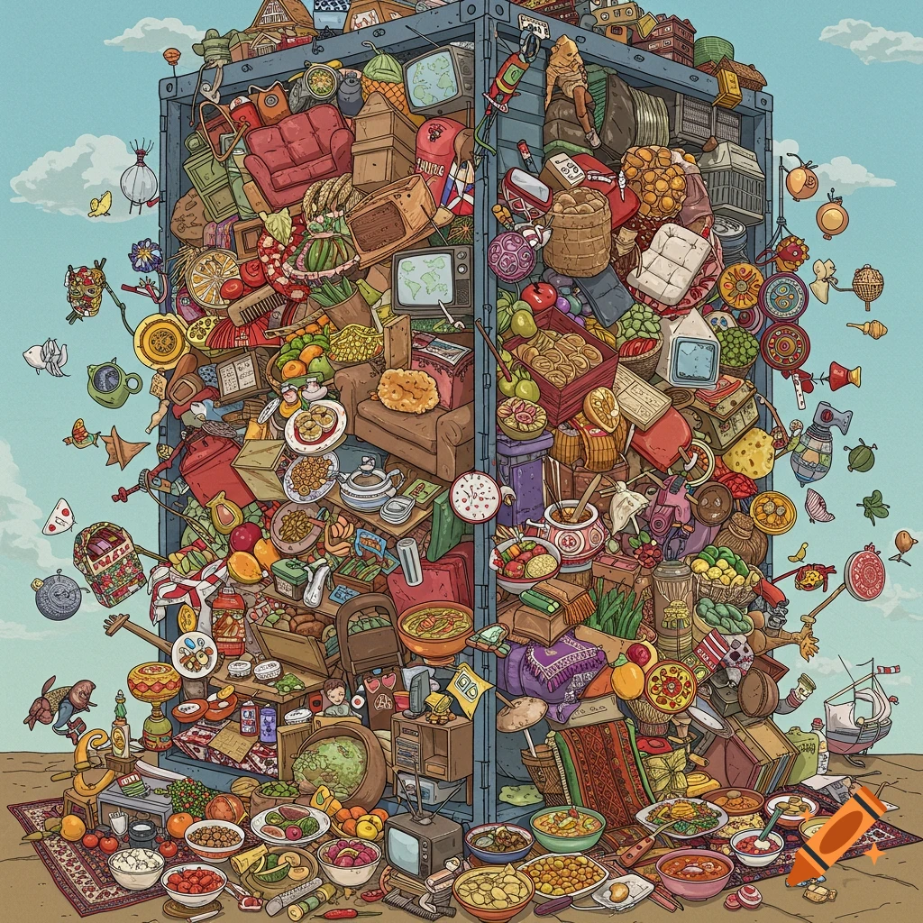 Giant container filled with assorted items, foods, furniture and ...