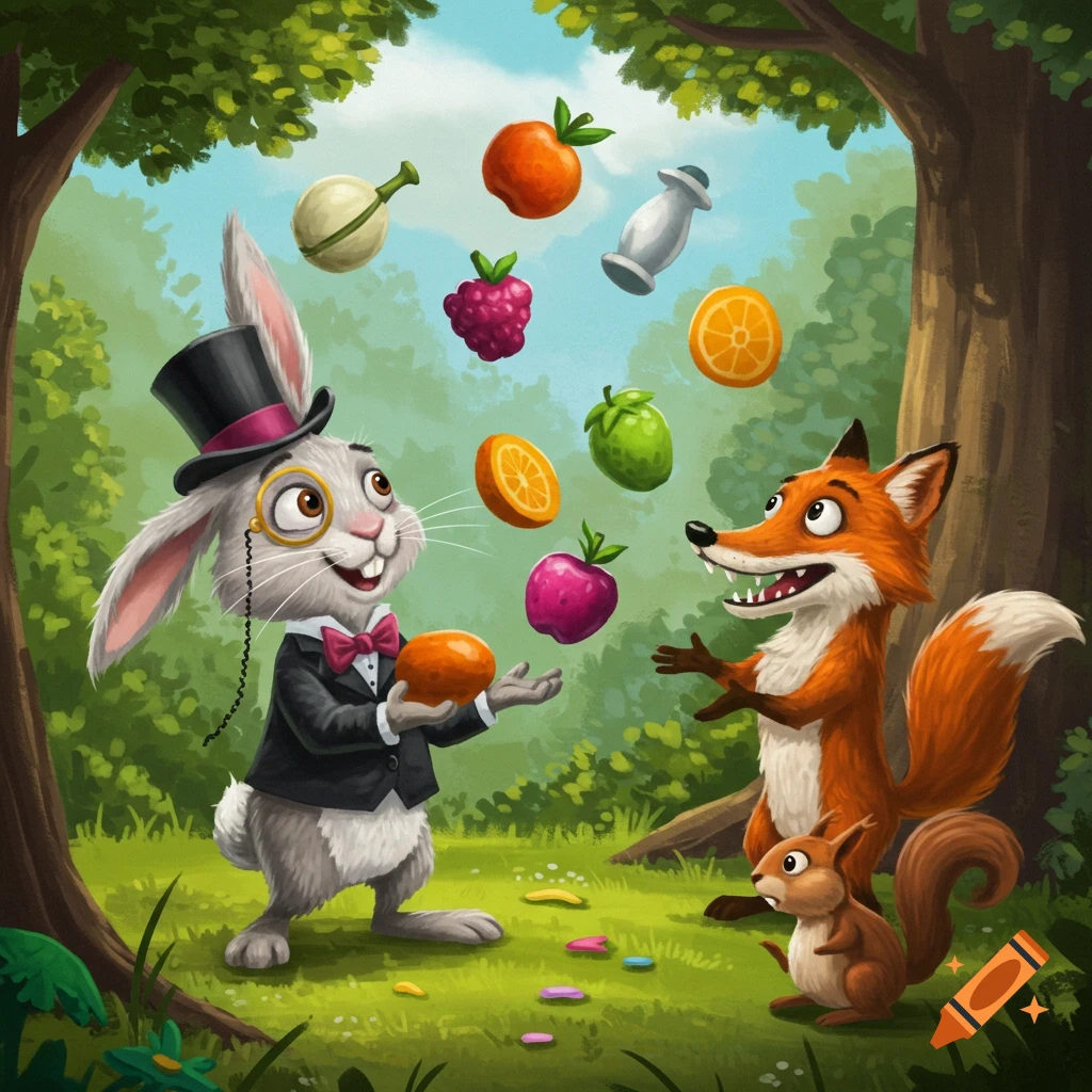 A cartoon rabbit in a suit and top hat juggles fruit for a fox and ...