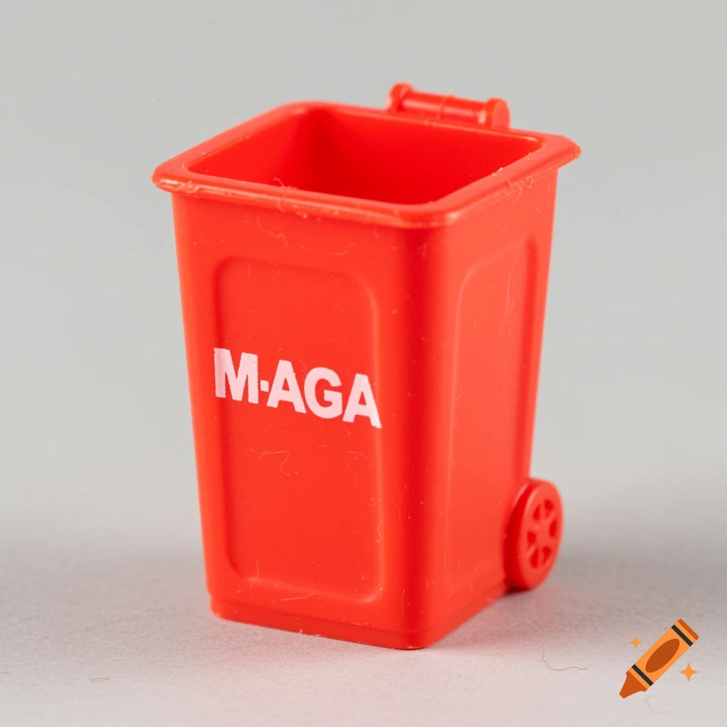 A close-up photo of a tiny red plastic trash can with the text M·AGA on ...