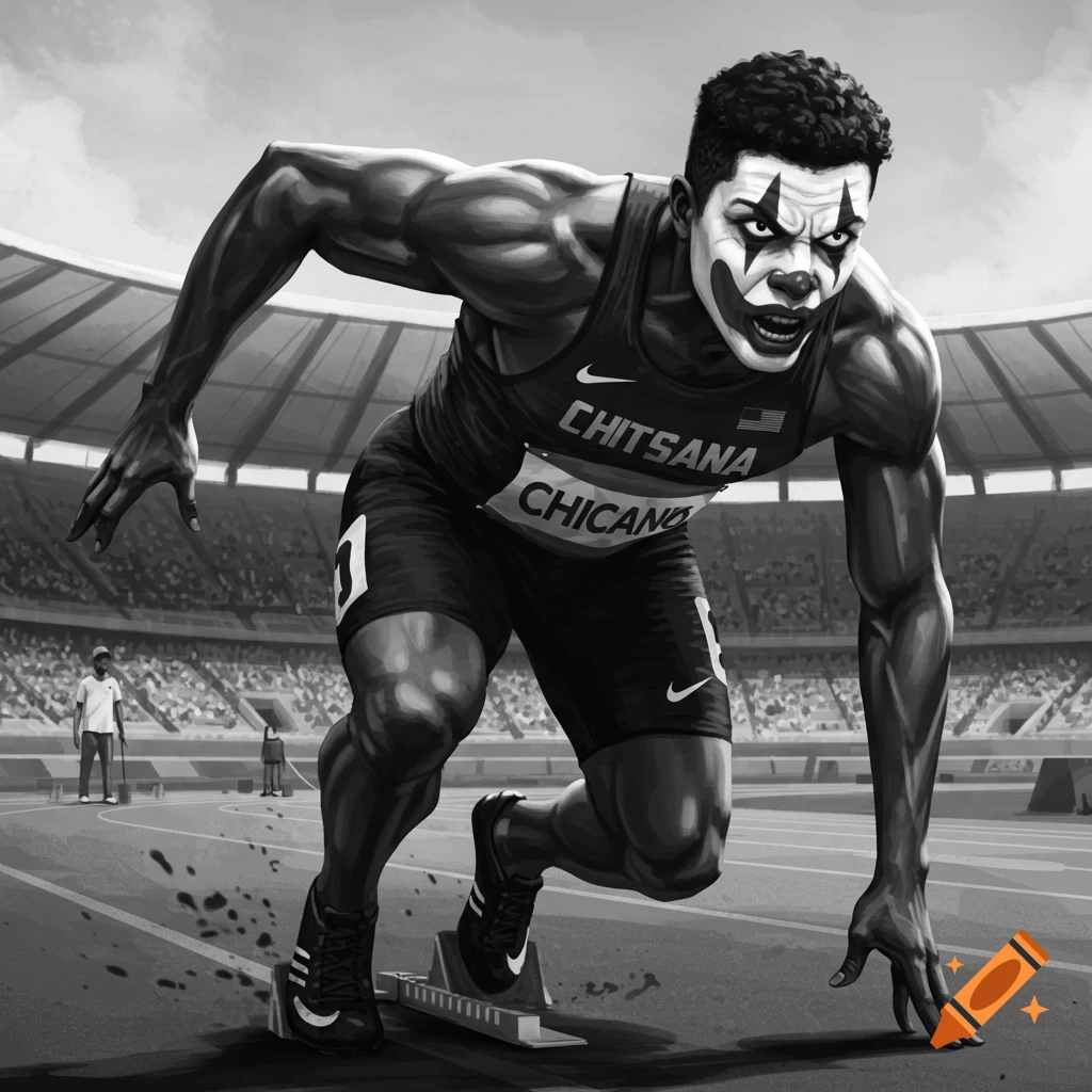 Chicano in clown makeup sprinting at the Olympics, black and white on ...