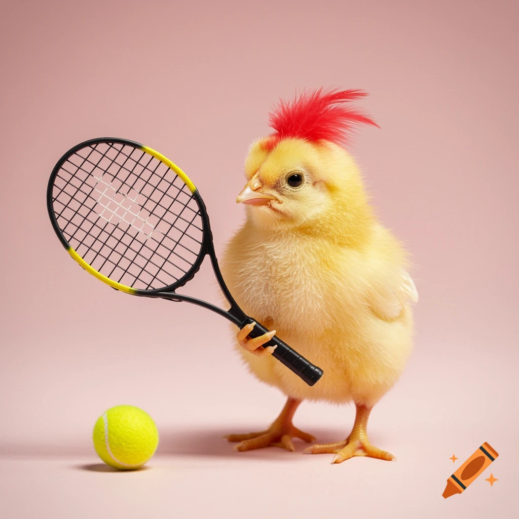 Cute baby chicken with red plumes holding a tennis racket next to a ...