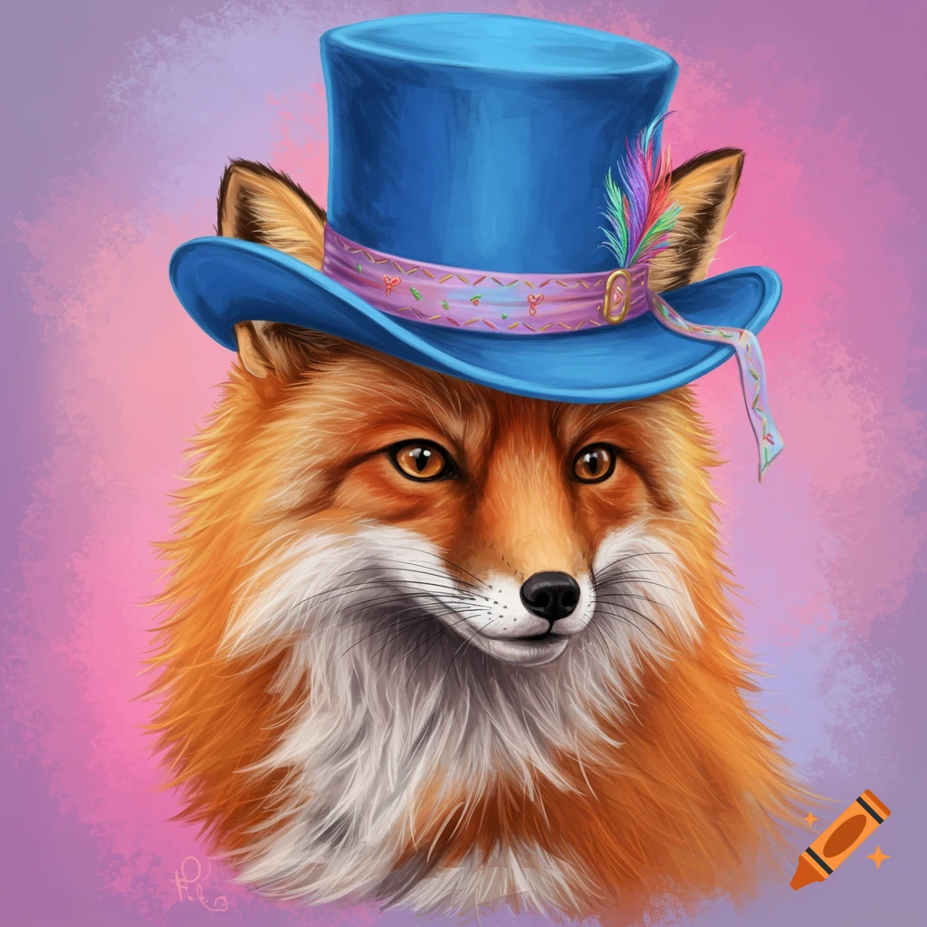 A close-up image of a fox wearing a blue top hat with a feathered band ...
