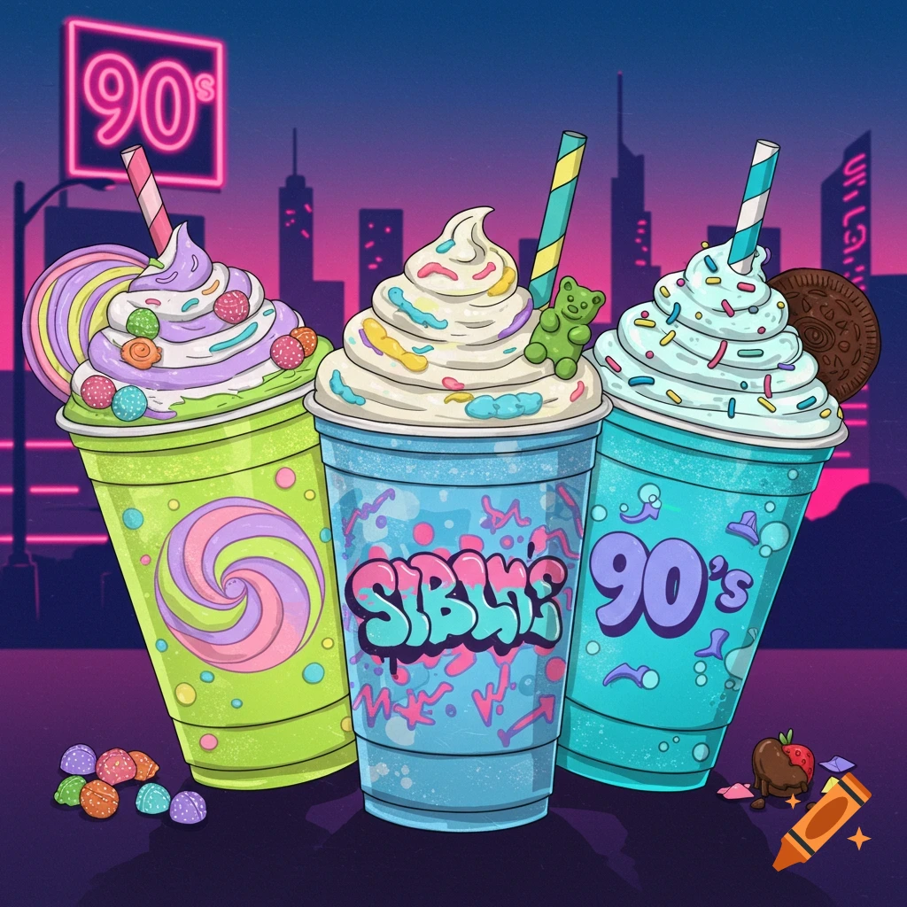 Three colorful frappe cups with toppings against a sunset sky, in a 90s ...