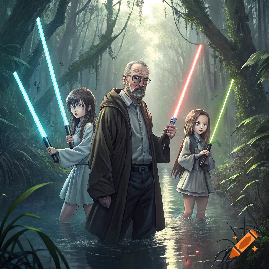Walter White with K-On girls holding lightsabers in Louisiana swamps on ...
