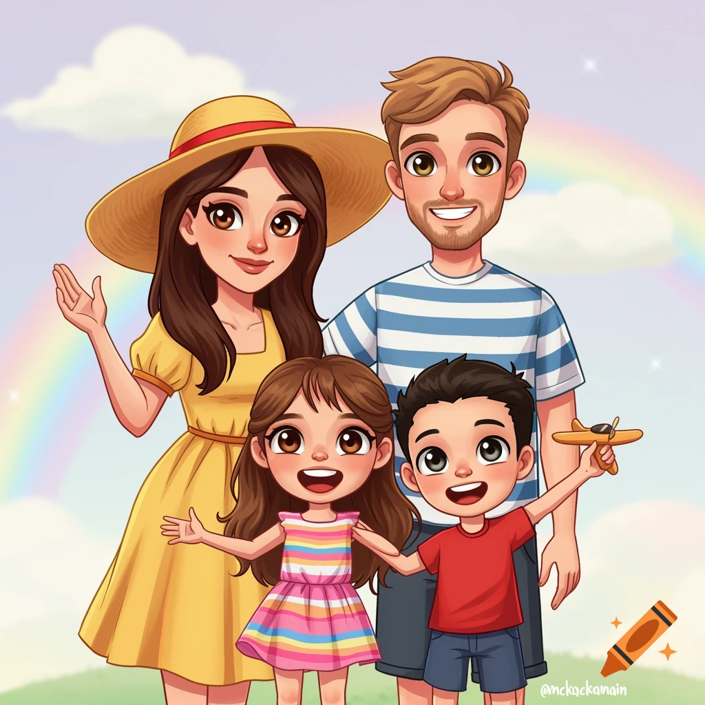 Cartoon illustration of a happy family on Craiyon