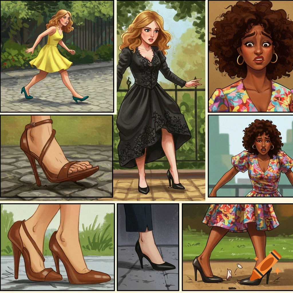 Collage of heel fails: broken, muddy, and tripping incidents with high ...