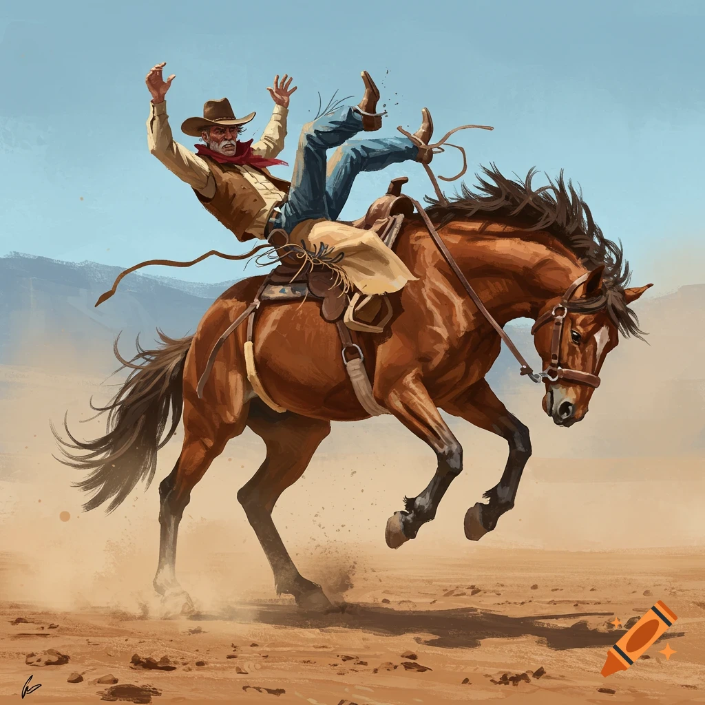 Illustration of a cowboy being bucked off a brown horse in a sandy desert. on Craiyon