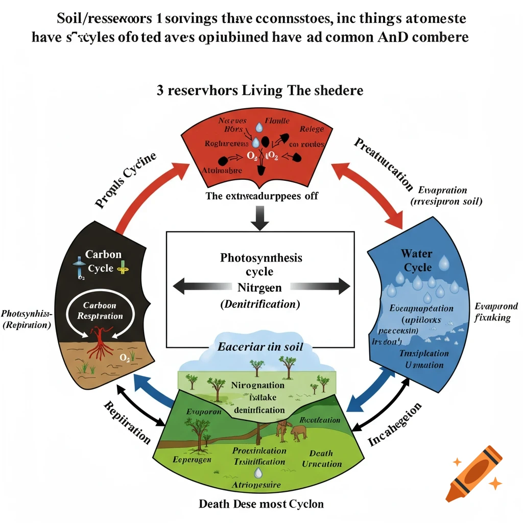 Diagram illustrating carbon, nitrogen, and water cycles with common ...