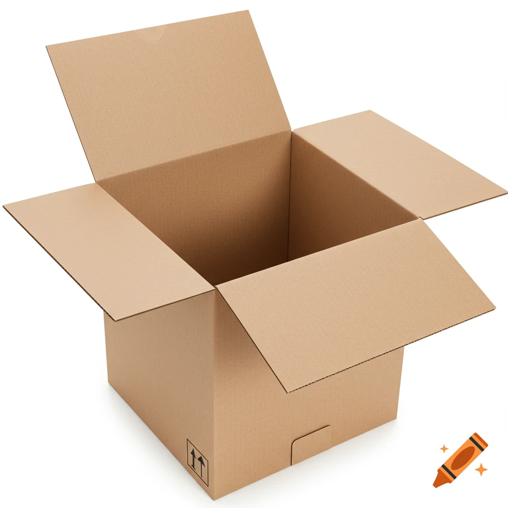 An empty brown cardboard box with open flaps on a white background on ...