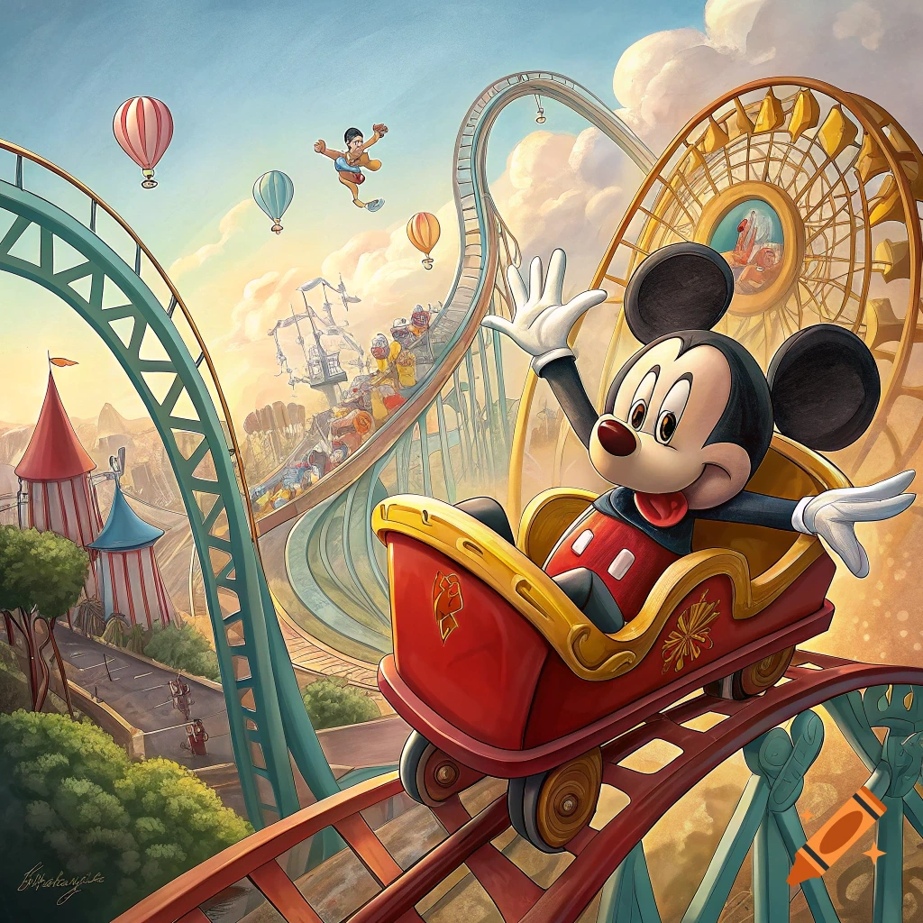 Mickey Mouse riding a rollercoaster in an amusement park, concept art ...