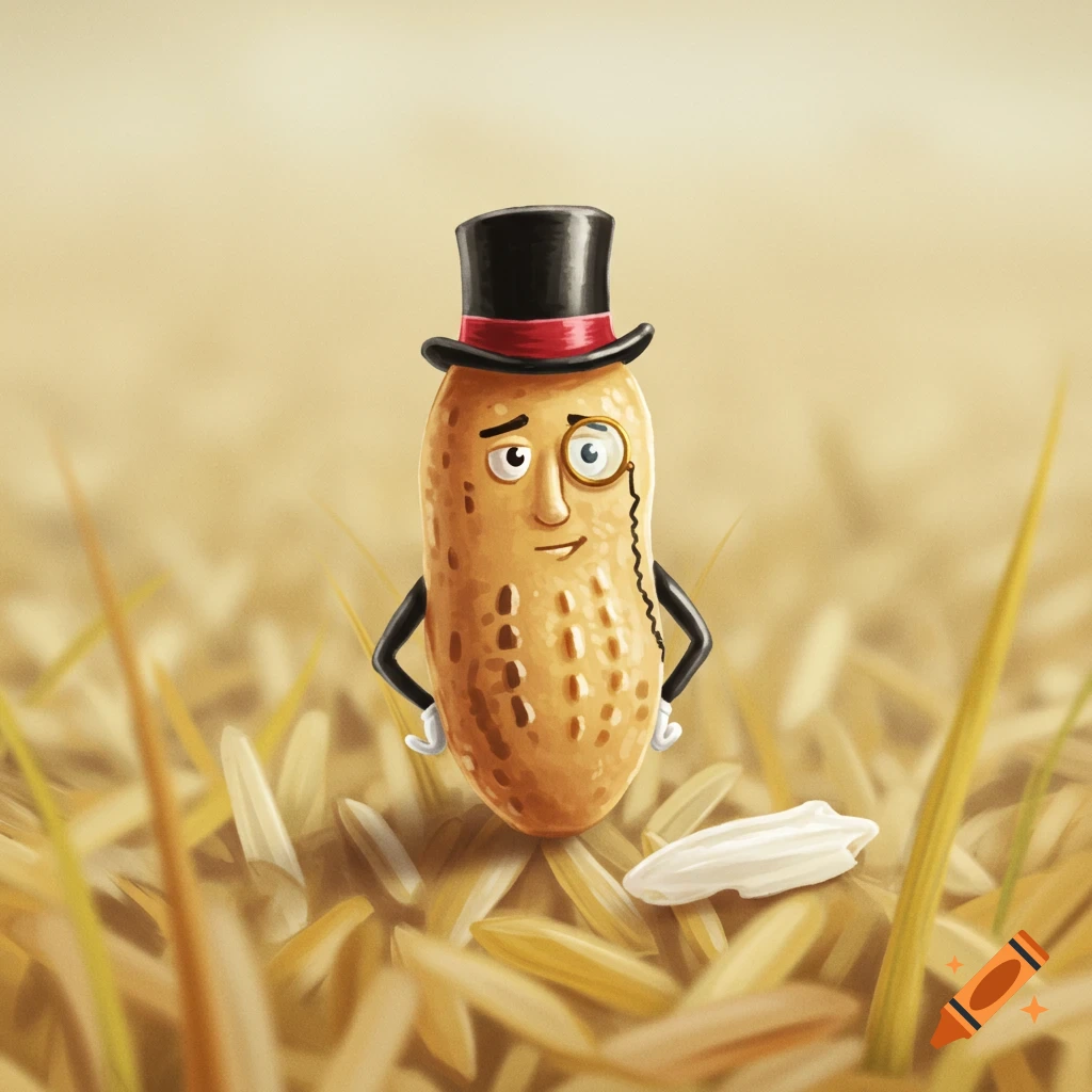 A cartoon peanut character with a top hat and monocle stands in a rice field. on Craiyon