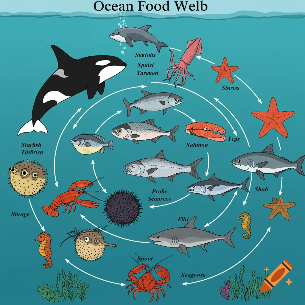 Ocean food web diagram with various marine animals on Craiyon