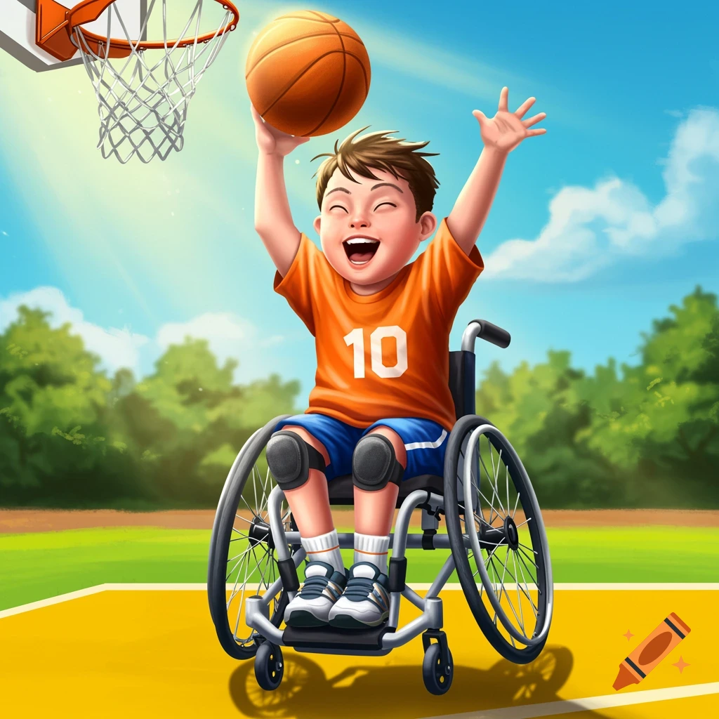 Cartoon illustration of a smiling child in a wheelchair dunking a ...