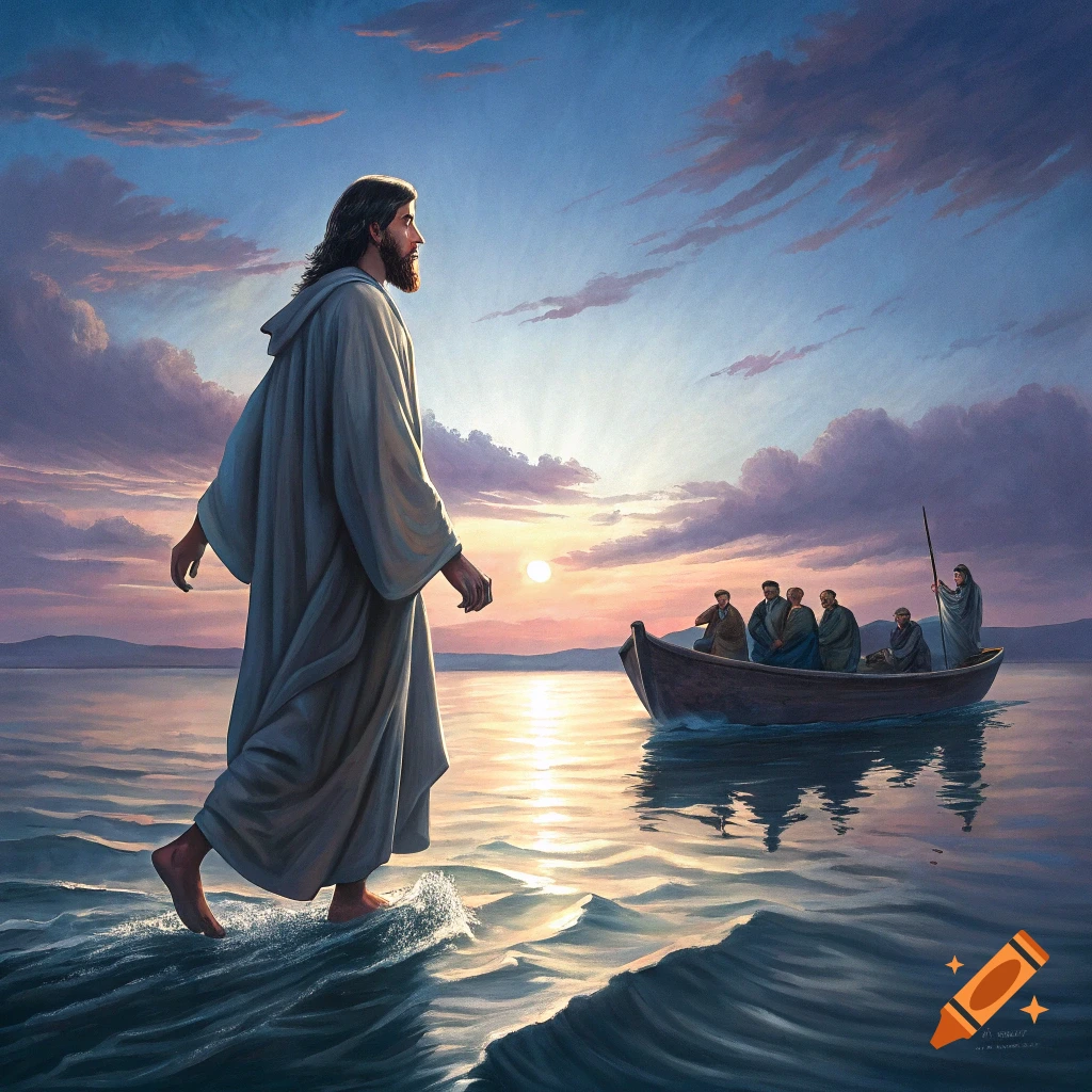Jesus walks on water towards a boat with people at sunset, painted ...