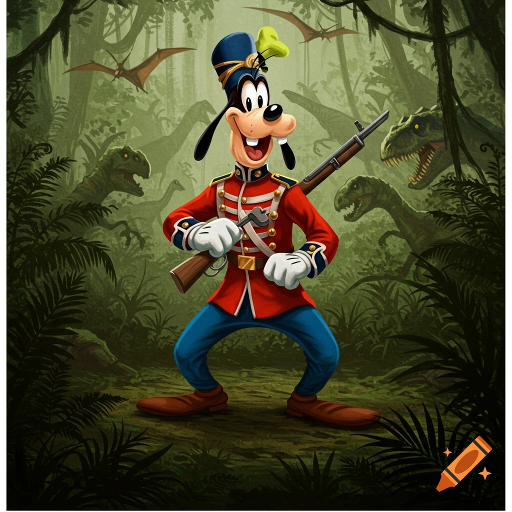 Goofy in a red British soldier uniform holding a rifle in a jungle with ...
