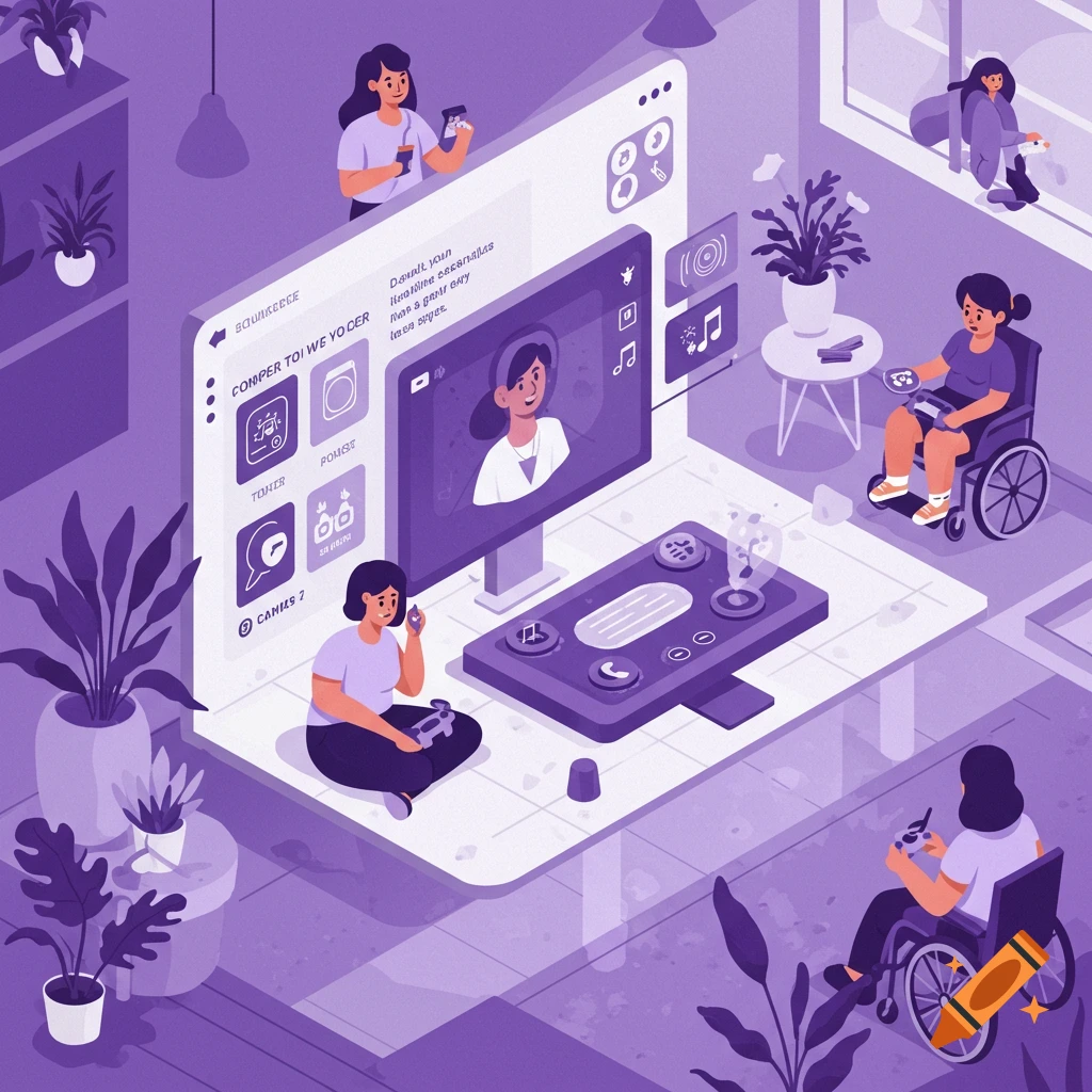 Accessibility in games, focus on women and disabilities, purple and ...