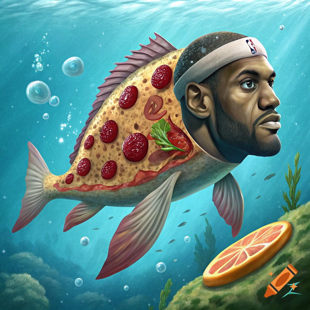 A surreal image of a fish with a pizza body and the head of LeBron ...
