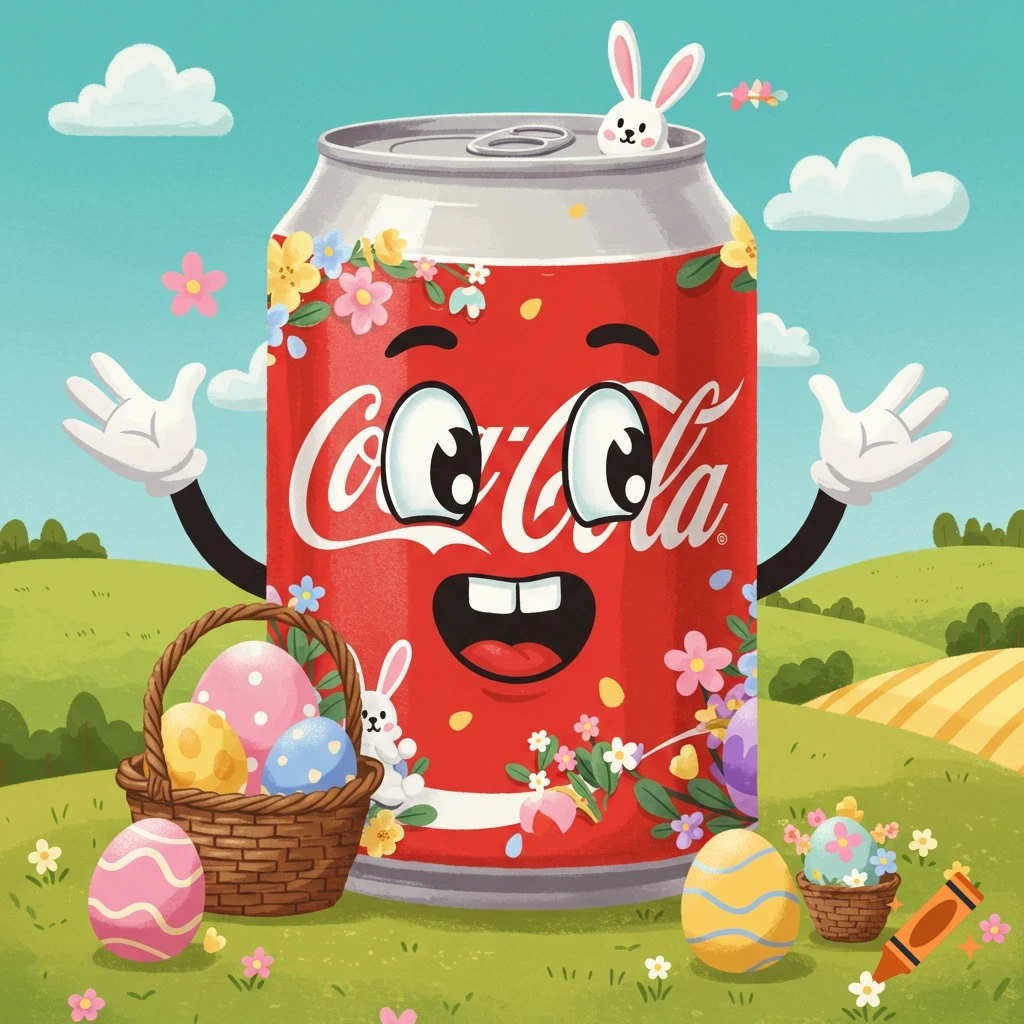 Cartoon Easter scene with Coca-Cola bottles, a can, bunnies, and Easter ...