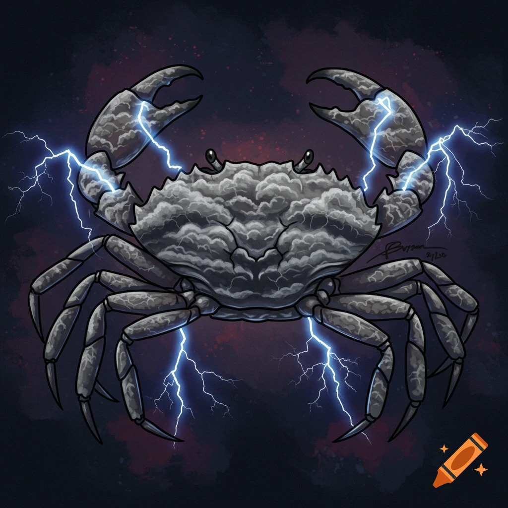 Crab with thundercloud shell and lightning claws on Craiyon