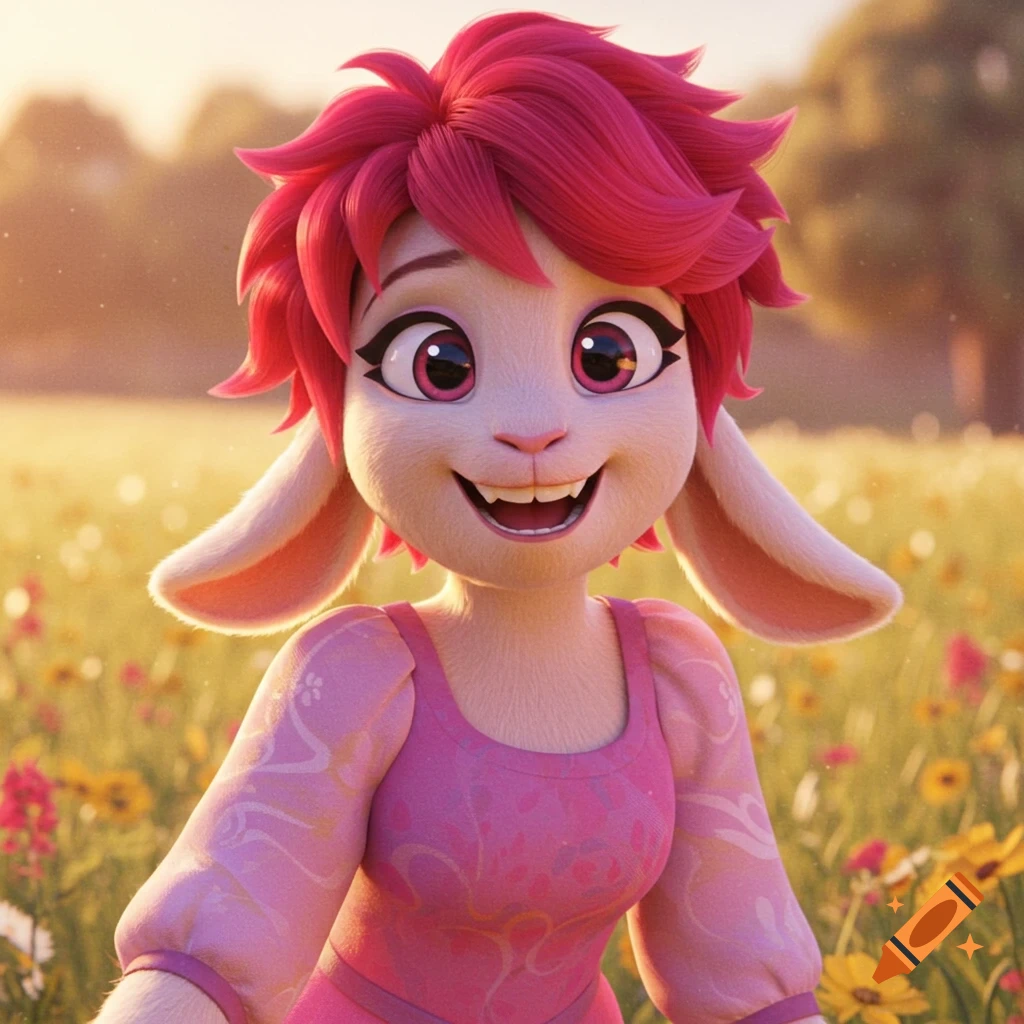 Disney-style anthropomorphic female goat with pink and red hair smiling ...