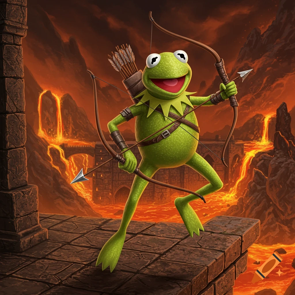 Kermit the Frog with bow and arrows on a stone platform with lava and a ...