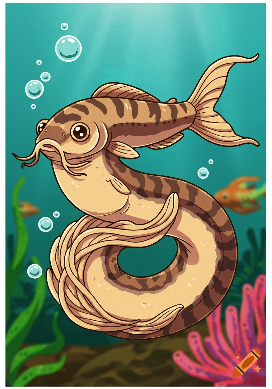 A cute cartoon loach fish with a long body swims in an underwater scene ...