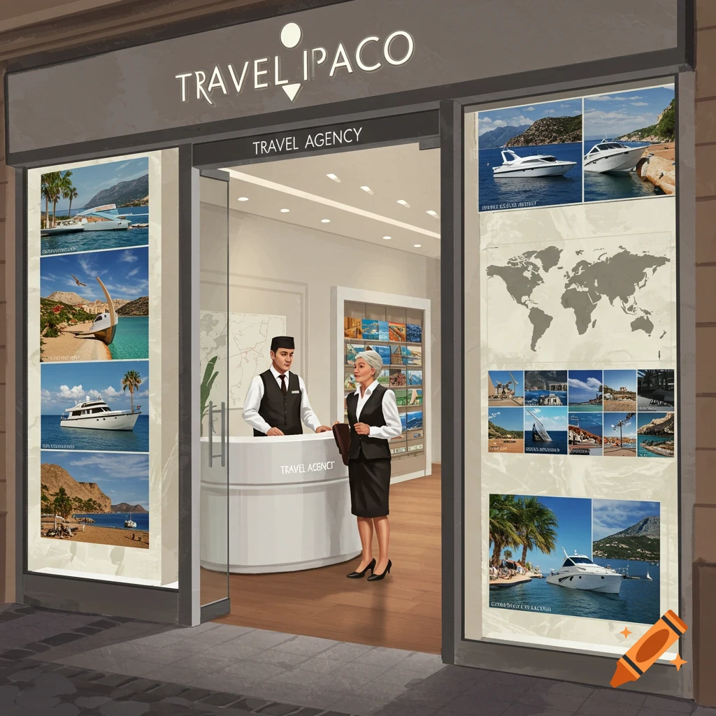 Illustration of a travel agency storefront with staff and travel ...