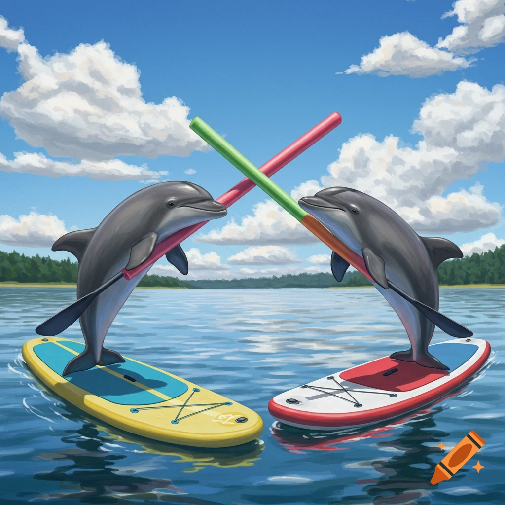 Two dolphins stand on paddle boards on a lake, jousting with red and ...