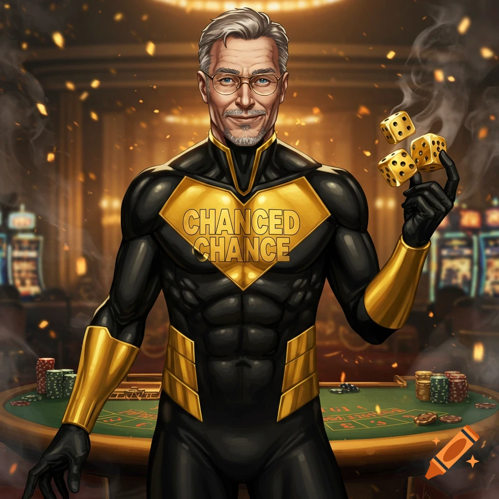 A middle-aged superhero in a black and gold suit with "Chanced Chance ...
