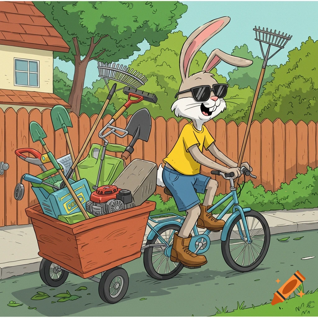 Cartoon rabbit with sunglasses riding a bicycle pulling lawn care ...