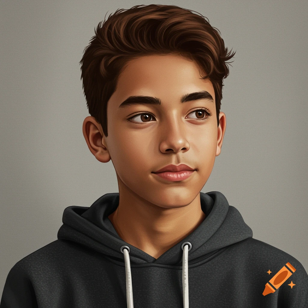 Teenage boy with tan skin, brown hair, wearing a hoodie on Craiyon