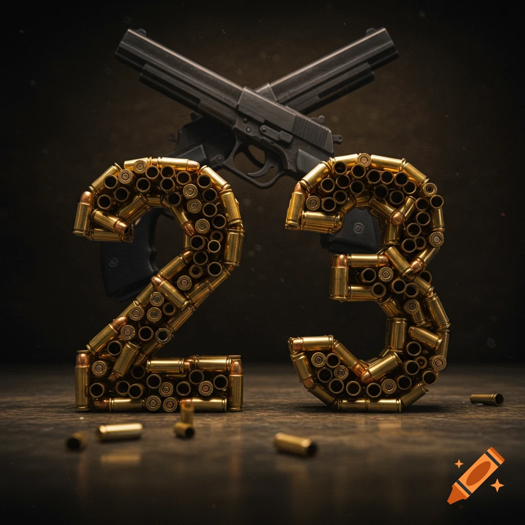 The number 23 is formed by brass bullets with two crossed handguns ...