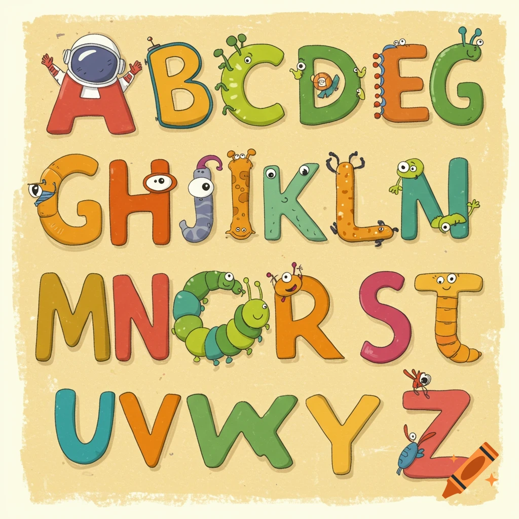Colorful alphabet letters depicted as cartoon creatures on a textured ...