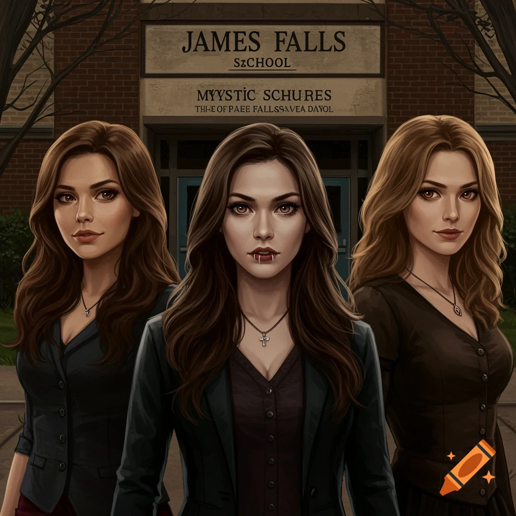 Werewolf, vampire, and witch outside James Falls school in Mystic Falls on Craiyon