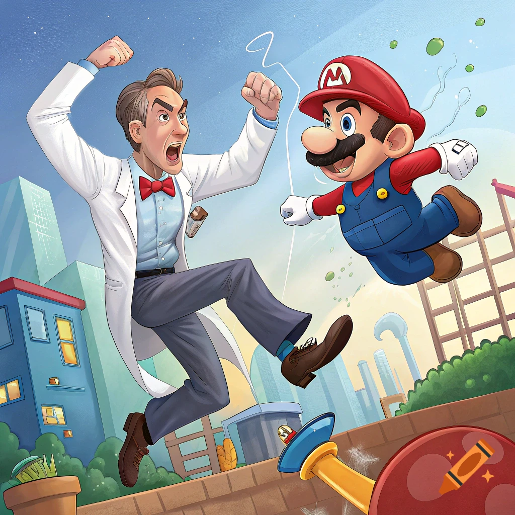 A cartoon girl cries surrounded by Mario game elements like stars ...