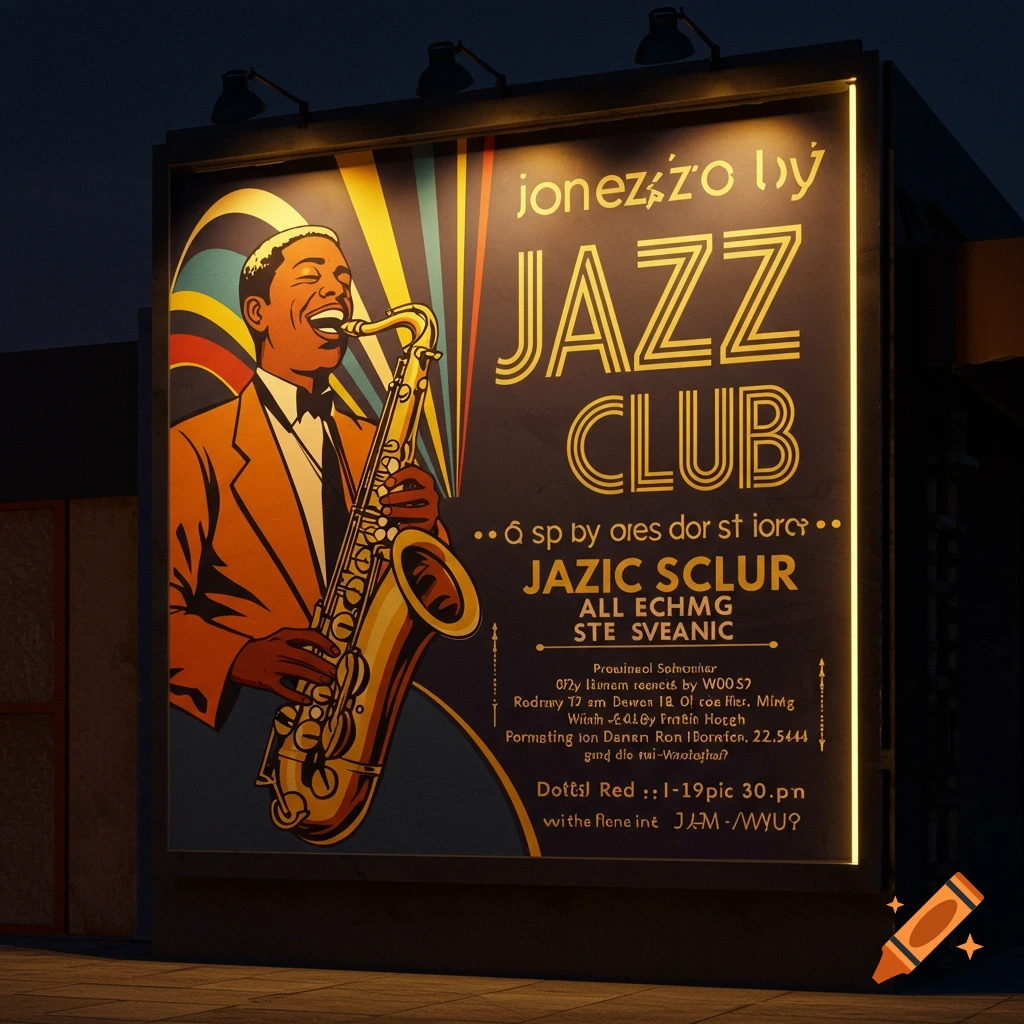 A retro-style billboard at night features a man playing saxophone and ...