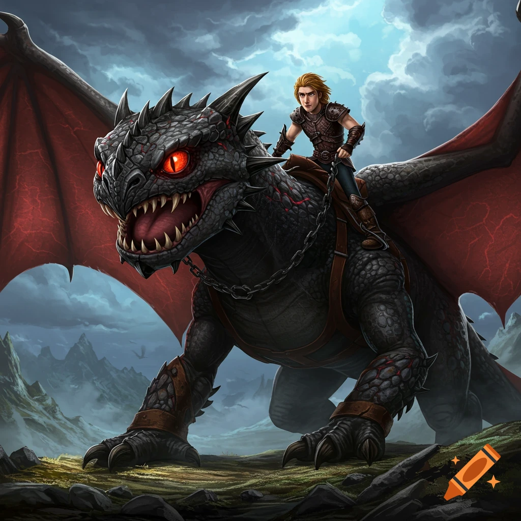 A character rides a large black dragon with red wings through a rocky ...