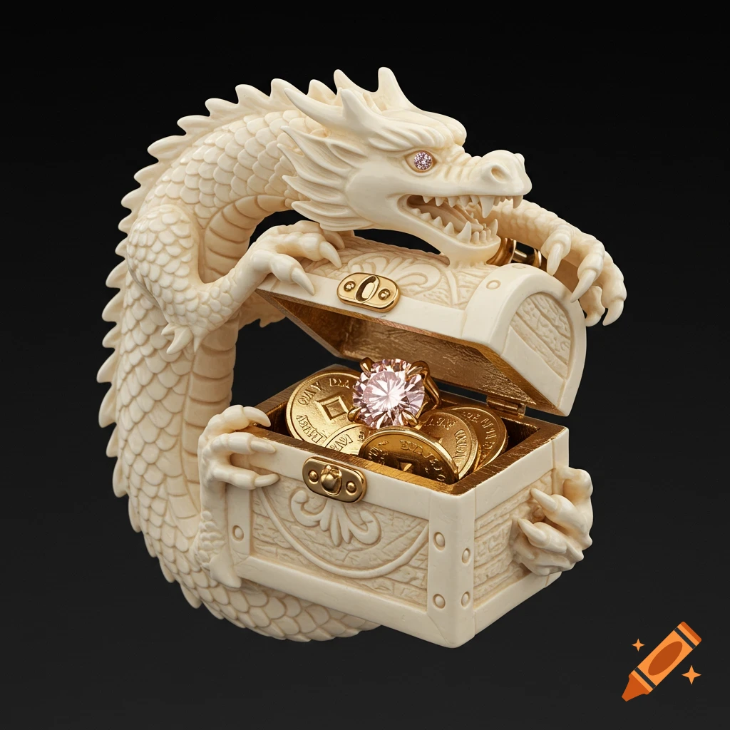 Carved white dragon holding open treasure chest filled with gold coins ...