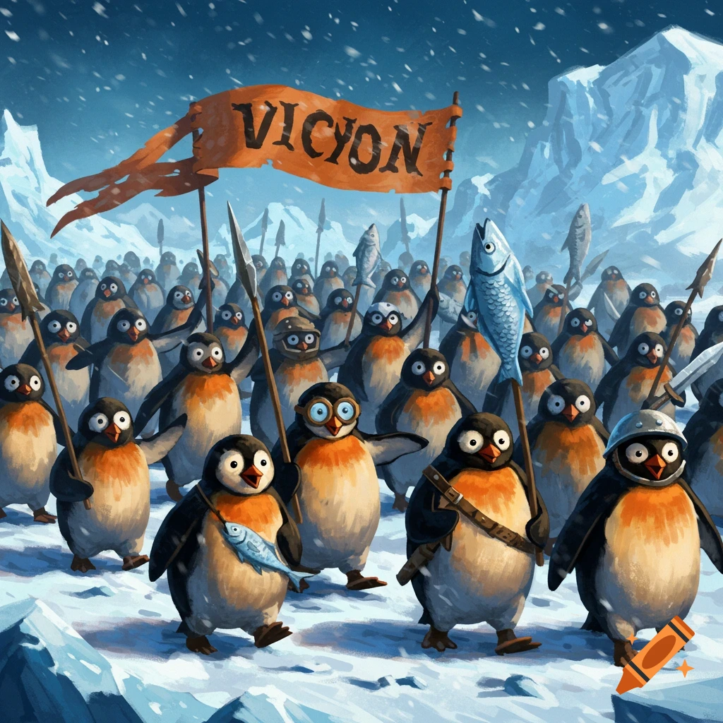 Illustration of a penguin army marching through snow with spears and a ...