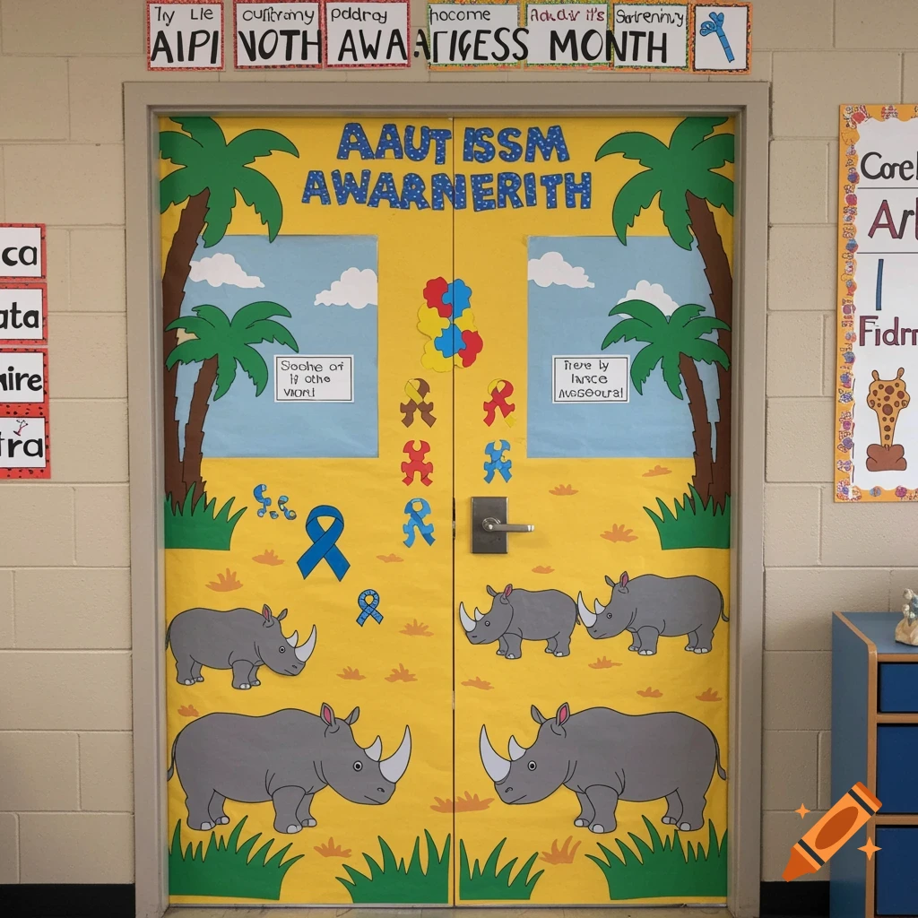 Autism awareness safari themed classroom door decorations with rhinos ...