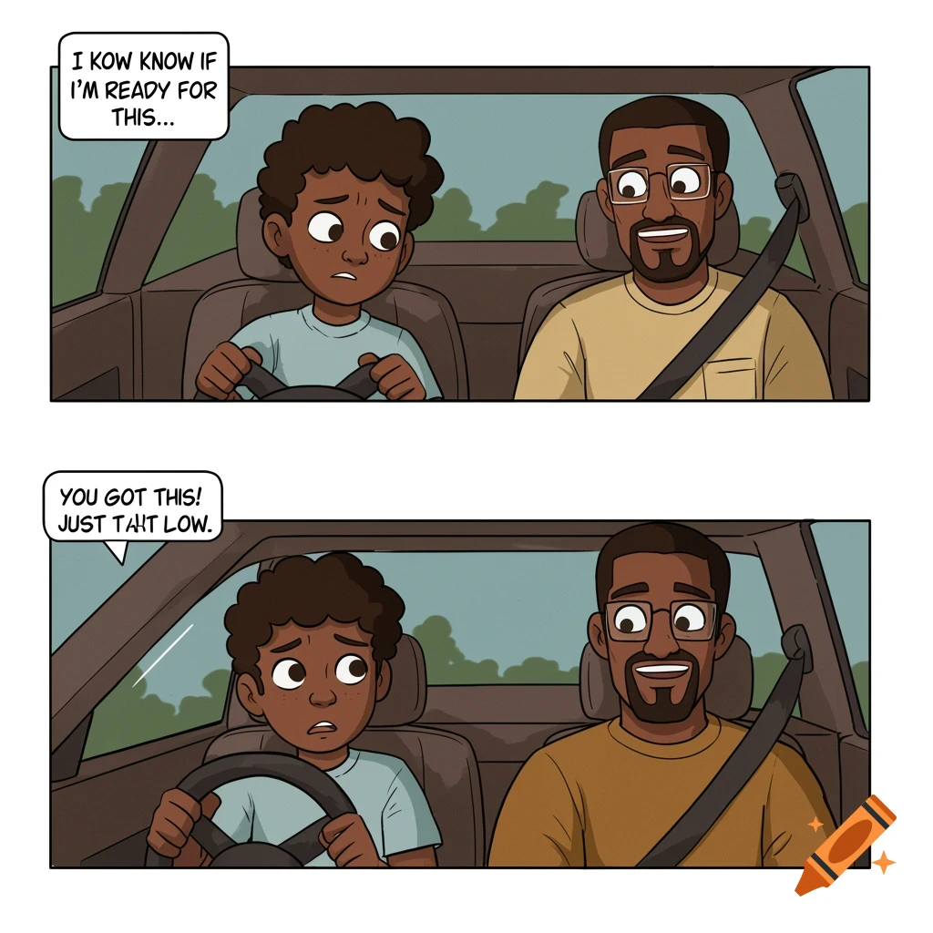 Comic panel of a boy learning to drive with his dad on Craiyon