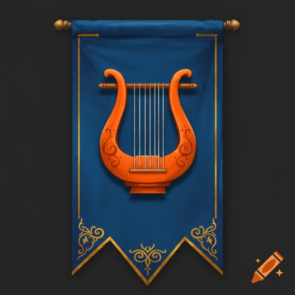 Blue medieval banner with a gold lyre on a battlefield, digital ...