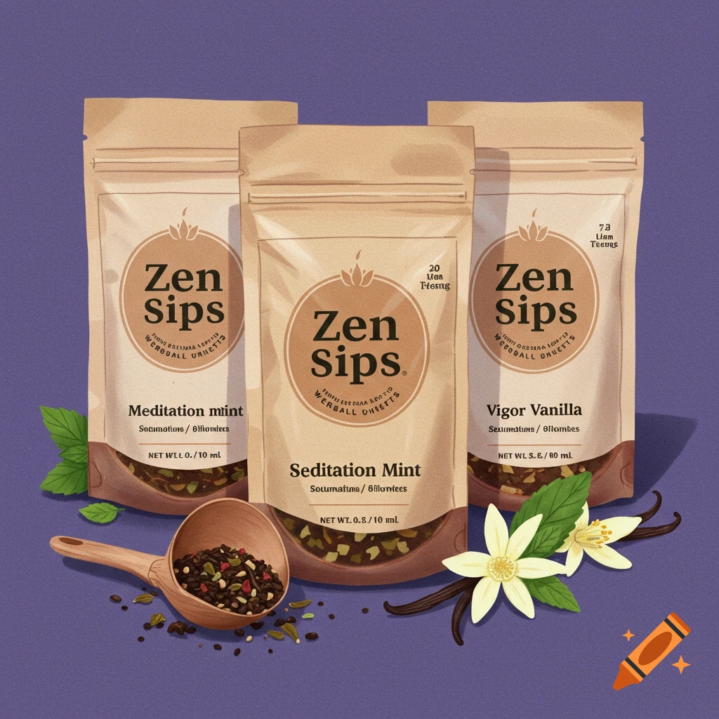 Zen Sips tea packaging on Craiyon