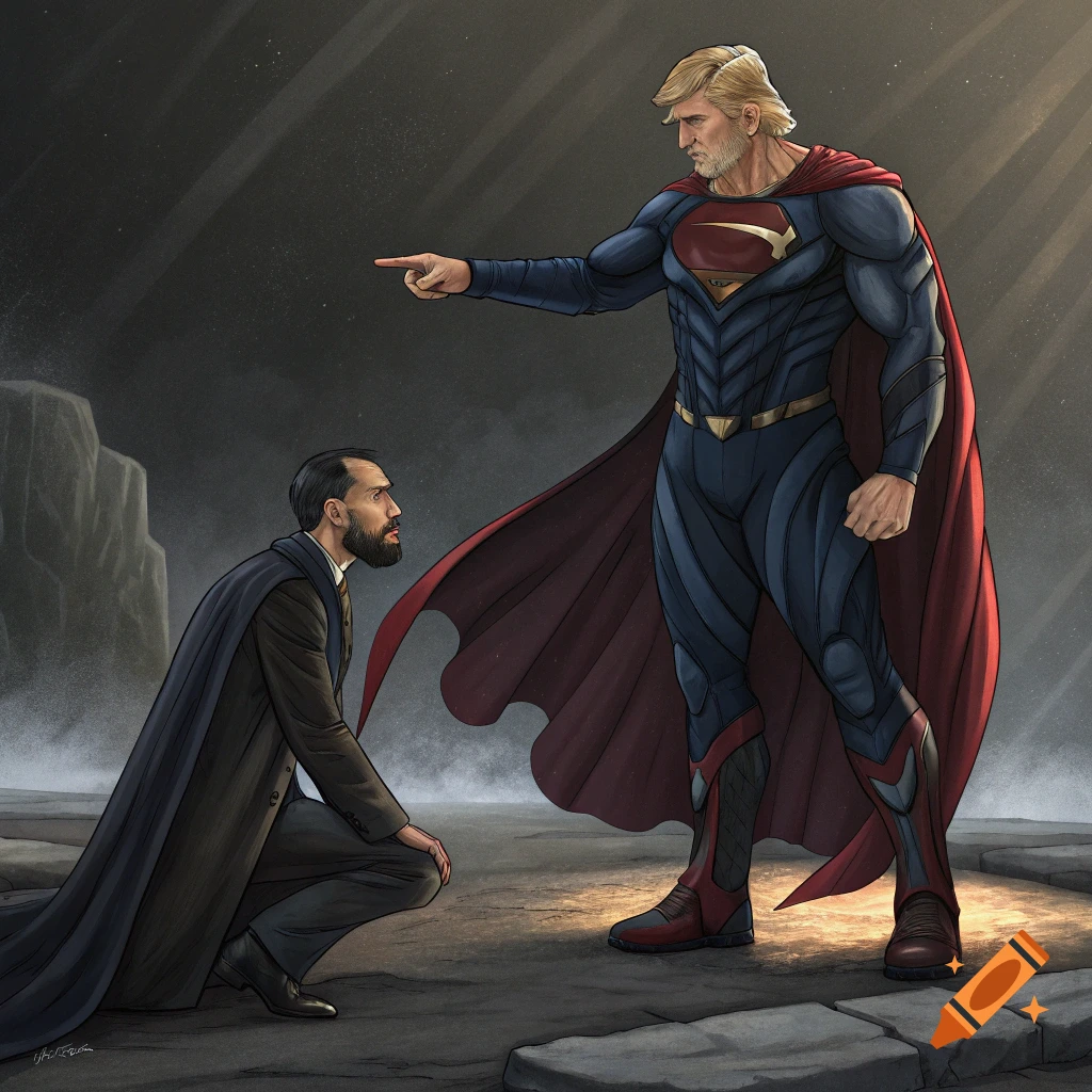 Illustration of Batman standing opposite an older man in a suit. on Craiyon