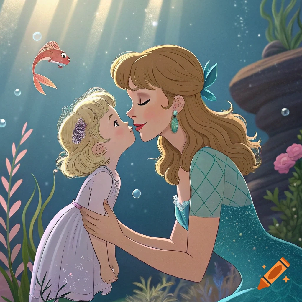 Taylor Swift adopting a mermaid child in an animation on Craiyon
